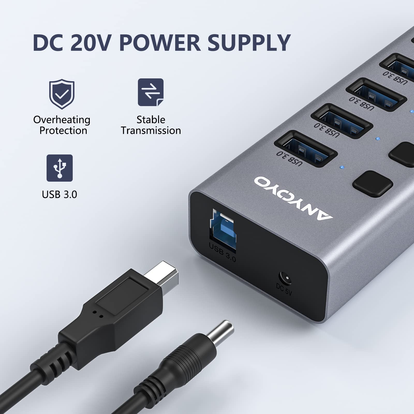 ANYOYO Powered USB 3.0 Hub 6 USB 3.0 Data Ports with SD/TF Card Readers with Individual On/Off Switches (8Ports)