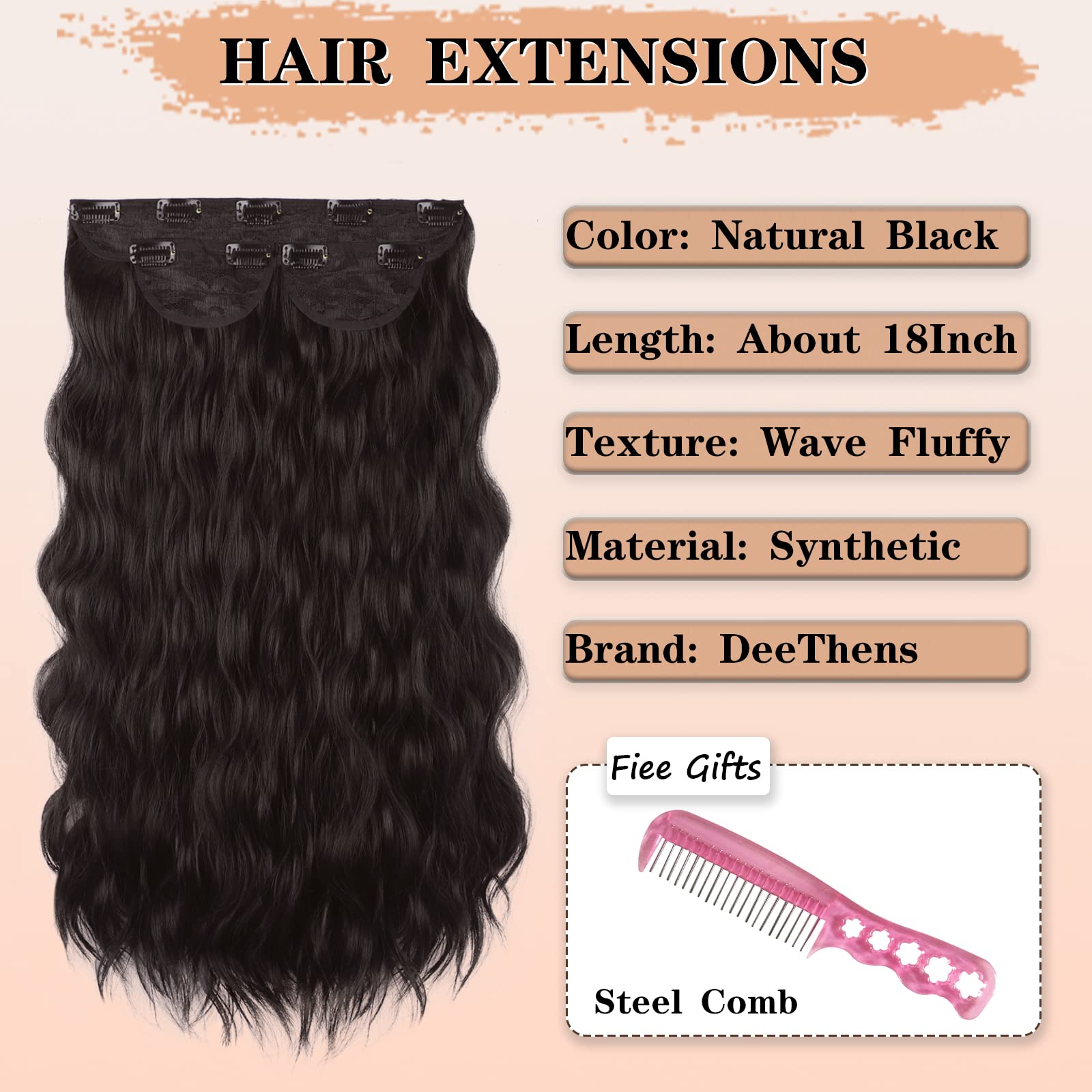 DeeThens Clip in Hair Extensions Long Dark Brown Hair Extensions for Women Wavy Synthetic Thick Hair Extensions Full Head Invisible 3pcs (Dark Brown)