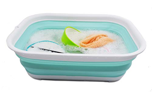 SAMMART 12L (3.17 Gallon) Collapsible Tub - Foldable Dish Tub - Portable Washing Basin - Space Saving Plastic Washtub (2, White/Lake Green)