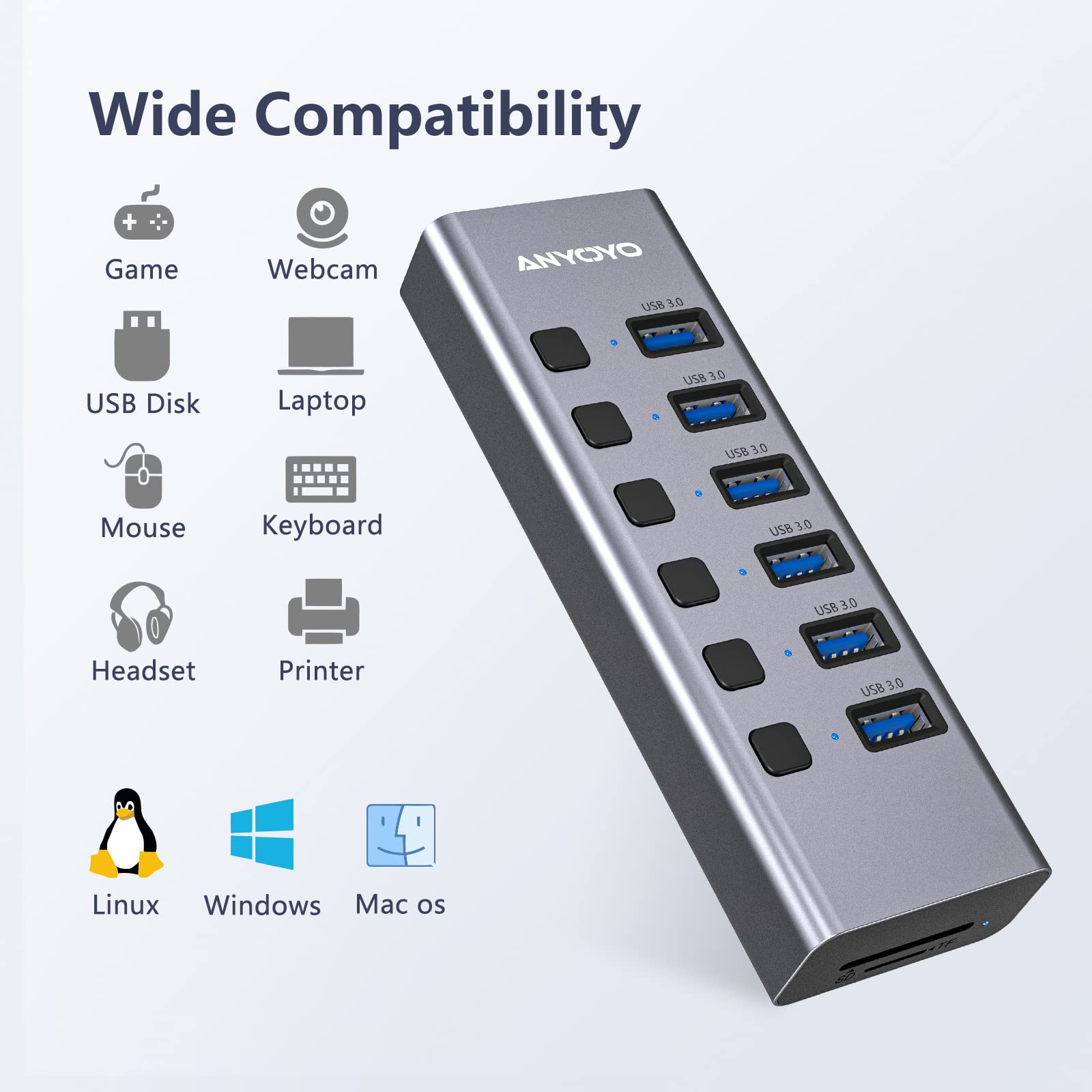 ANYOYO Powered USB 3.0 Hub 6 USB 3.0 Data Ports with SD/TF Card Readers with Individual On/Off Switches (8Ports)