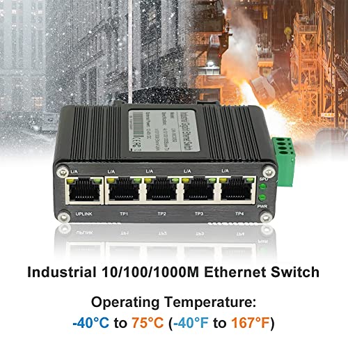 Mini Industrial 5 Ports Gigabit Switch Hardened 5 Port RJ45 10/100/1000Mbps Ethernet Switch Din Rail Mount Ethernet Switch Wall Mounts Included (-40 to 167 ºF) 10Gbps Switching Capacity