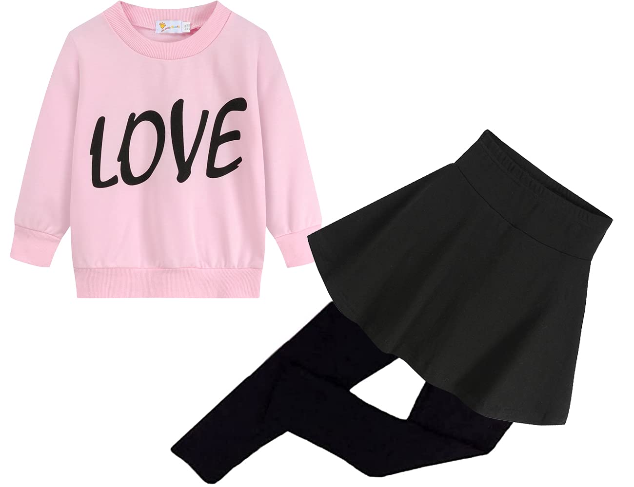 DDSOL Toddler Little Girl Clothes Set Valentine Outfit Pink Love Heart Long Sleeve Sweatshirt Top and Pant with Legging Skirt Kid Fall Clothing 2PCS Size 7/8