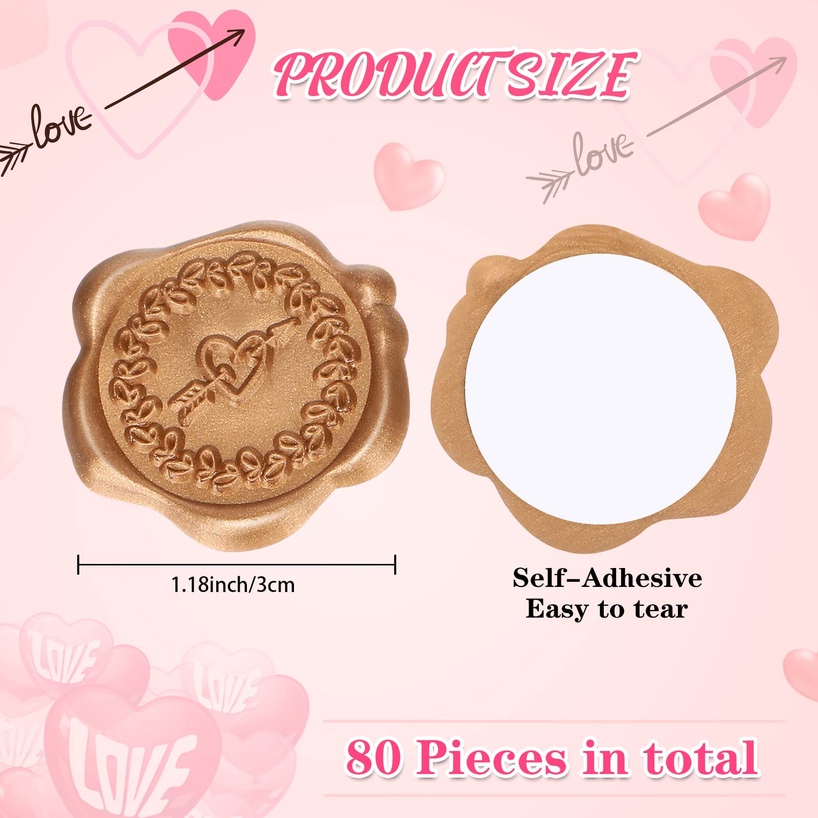 80 Pieces Wax Seal Stickers Envelope Seal Stickers Wedding Invitation Envelope Seals Self Adhesive Gold Stickers for Invitations Cards Party Favors (Heart Style)