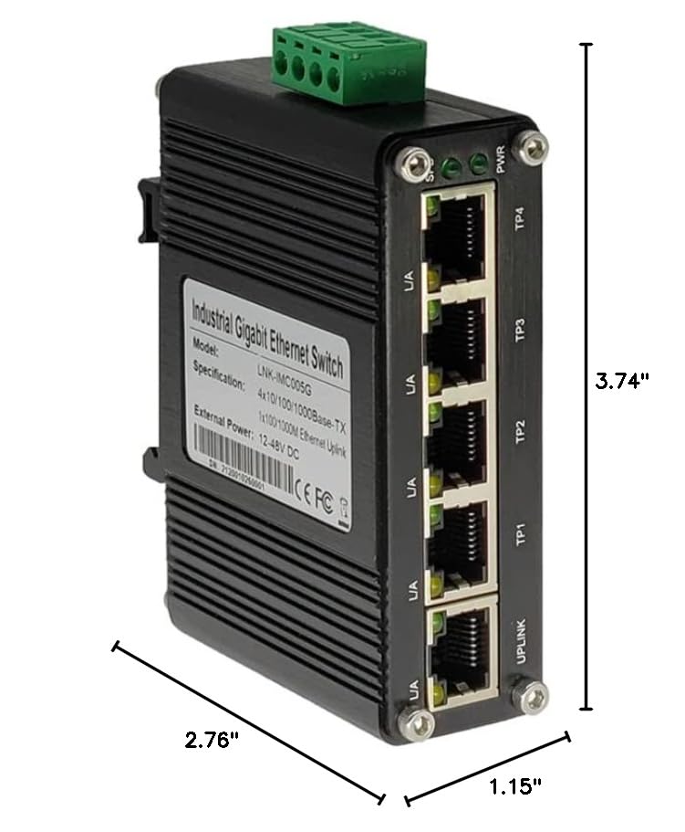 Mini Industrial 5 Ports Gigabit Switch Hardened 5 Port RJ45 10/100/1000Mbps Ethernet Switch Din Rail Mount Ethernet Switch Wall Mounts Included (-40 to 167 ºF) 10Gbps Switching Capacity