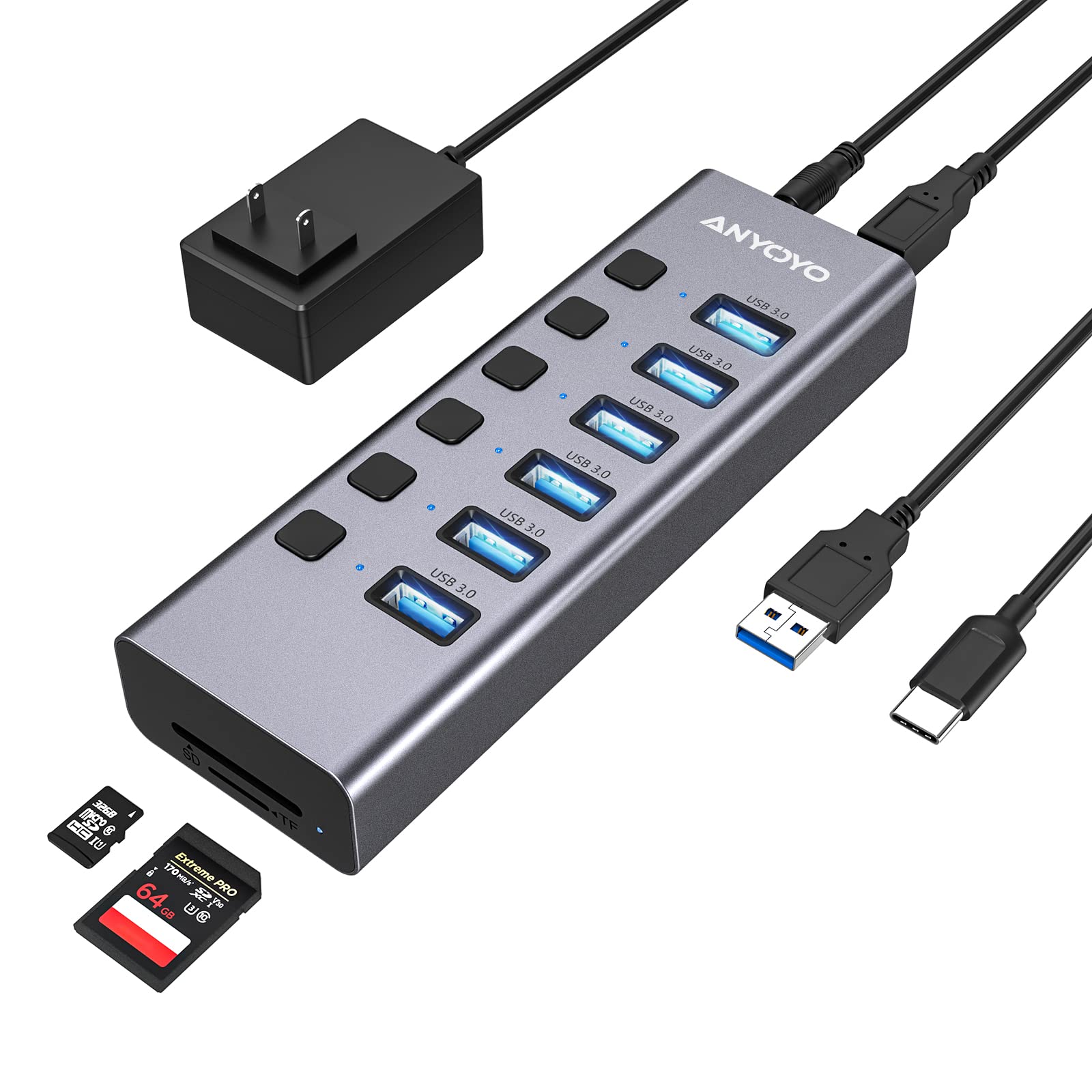 ANYOYO Powered USB 3.0 Hub 6 USB 3.0 Data Ports with SD/TF Card Readers with Individual On/Off Switches (8Ports)