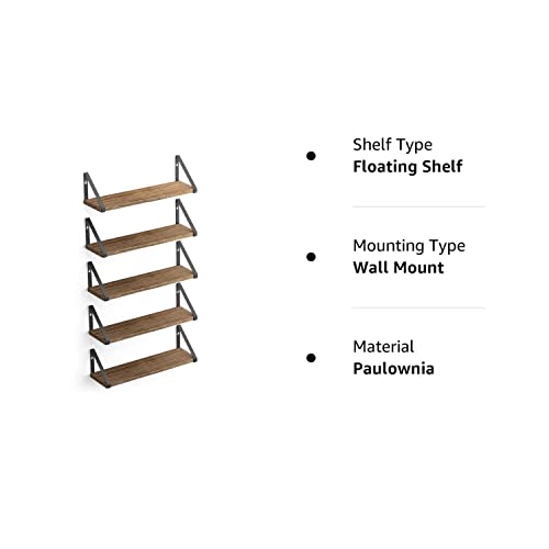Wallniture Ponza Wood Floating Shelves for Wall Storage, Natural Burned Small Bookshelf Set of 5