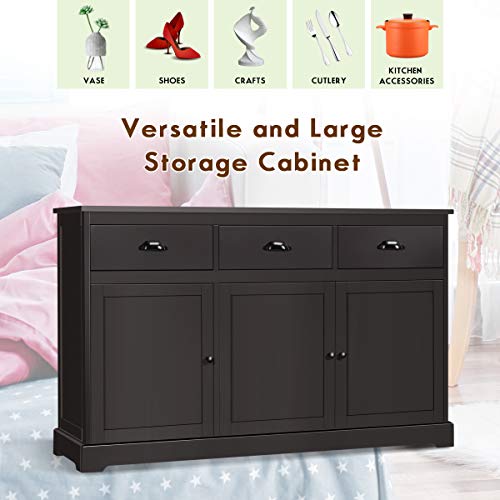 DORTALA Kitchen Buffet Sideboard, Wood Storage Cabinet w/ 3 Drawers and 2 Cupboards, 3 Doors, Morden Entryway Cupboard, Buffet Table for Dining Room, Kitchen, Living Room, Entryway, Brown
