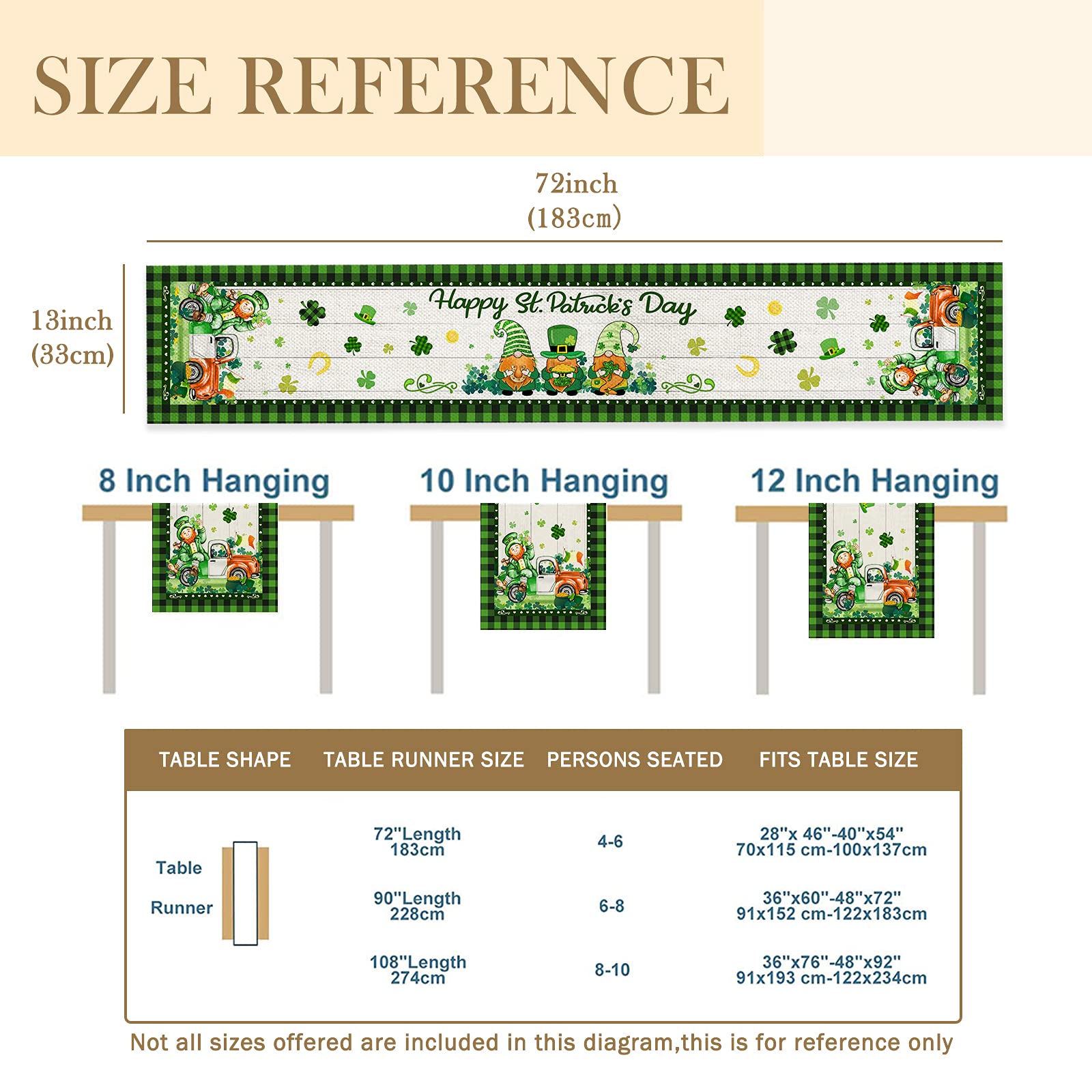 St Patricks Day Table Runner 72 Inch Long, St Patricks Leprechaun Gnomes Table Runner, Shamrocks Green Truck Decorations for Home Dining Room