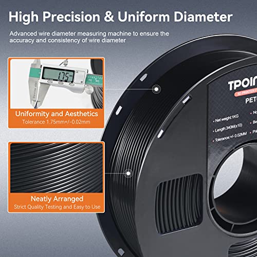 TPOIMNS PETG Filament 1.75mm, 3D Printer Filament, 1kg Roll Spool(2.2lbs), Dimensional Accuracy +/- 0.02 mm, Compatible with Most FDM 3D Printers, Black