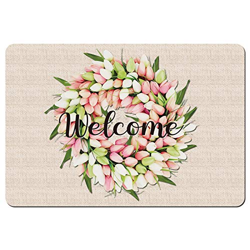 Nuanchu Flower Welcome Doormat 15.7 x 23.6 Inch Flower Theme Indoor Outdoor Welcome Mat Non Slip Welcome Mat for Spring Easter Door Decor