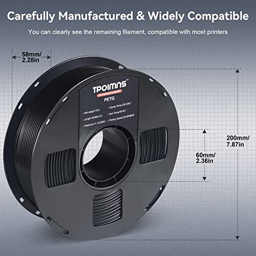 TPOIMNS PETG Filament 1.75mm, 3D Printer Filament, 1kg Roll Spool(2.2lbs), Dimensional Accuracy +/- 0.02 mm, Compatible with Most FDM 3D Printers, Black