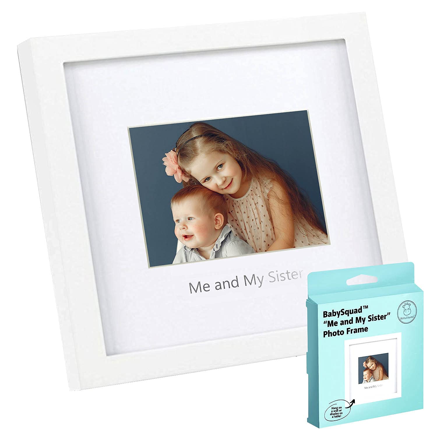 BabySquad Me and My Sister Photo Frame, 7 x 7 (INCHES), Sawtooth Hanger + Kickstand, Sister Gifts, Handcrafted White Wooden Photo Frame, Keepsake Gift