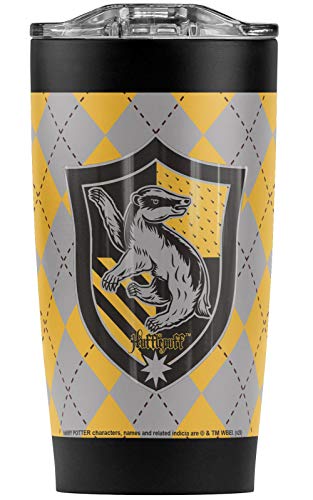 HARRY POTTER/HUFFLEPUFF PLAID SIGIL - Stainless Steel Tumbler 20 oz Coffee Travel Mug/Cup, Vacuum Insulated & Double Wall with Leakproof Sliding Lid | Great for Hot Drinks and Cold Beverages