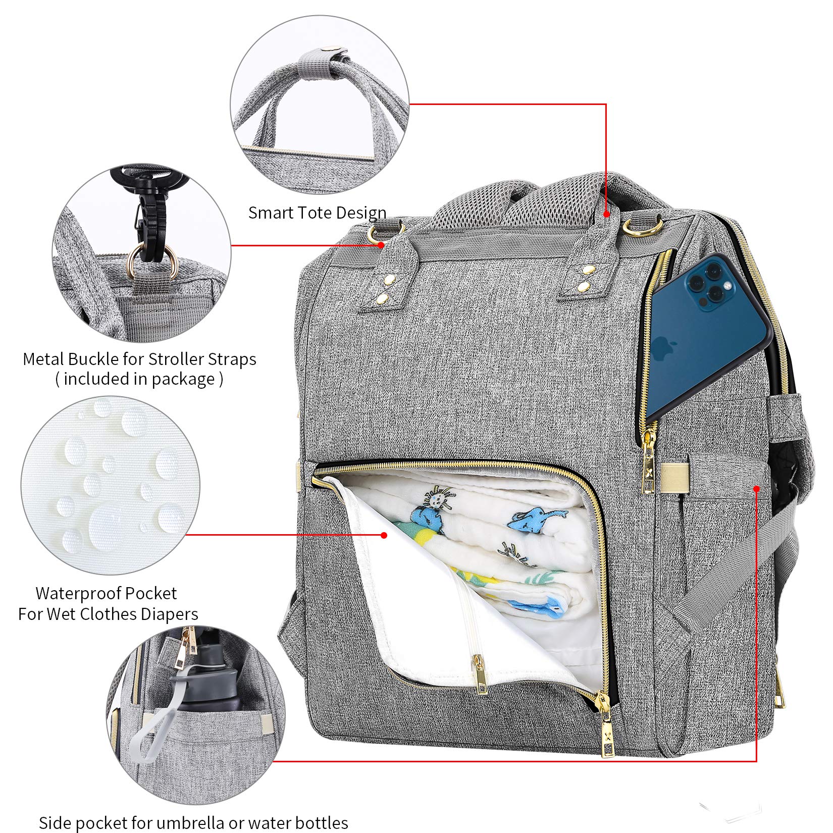 Diaper Bag Backpack Nappy Bags for Mom and Dad Diaper Bag with USB Charging Port Stroller Straps Thermal Pockets,Water Resistant, New Gray