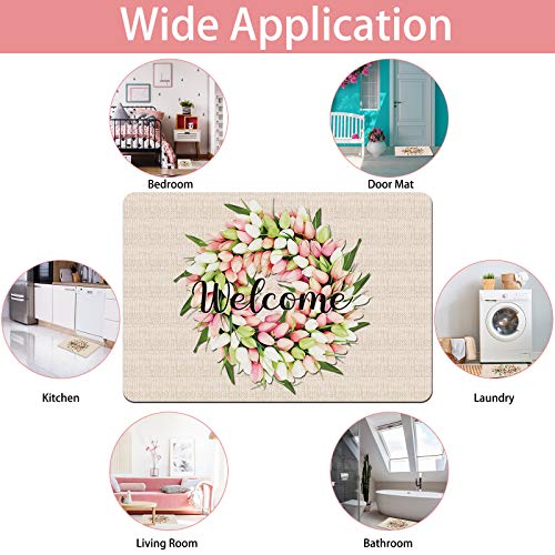 Nuanchu Flower Welcome Doormat 15.7 x 23.6 Inch Flower Theme Indoor Outdoor Welcome Mat Non Slip Welcome Mat for Spring Easter Door Decor