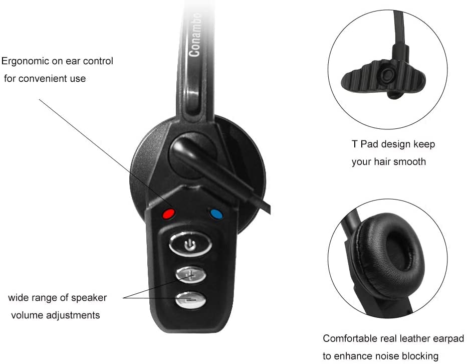Conambo Trucker Bluetooth Headset, V5.0 Wireless Headset with Microphone, Hands Free Bluetooth Headphones with Noise Canceling Mic for Skype, Call Centers, Offices, Trucker (JBT800)