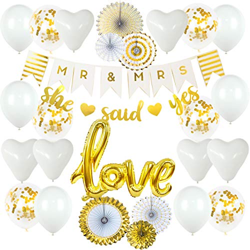 VIDAL CRAFTS Gold Engagement Party Decorations, 6 Pcs Paper Fans, MR&MRS Banner, Love Foil Balloon, Engagement Balloons, She Said Yes Banner, Gold Themed Engagement Party Kit or any kind of engagement party decor