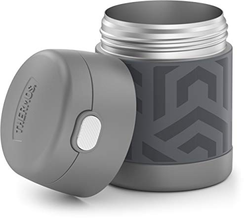 THERMOS FUNTAINER 10 Ounce Stainless Steel Vacuum Insulated Kids Food Jar with Folding Spoon, Grey And Aqua Waves