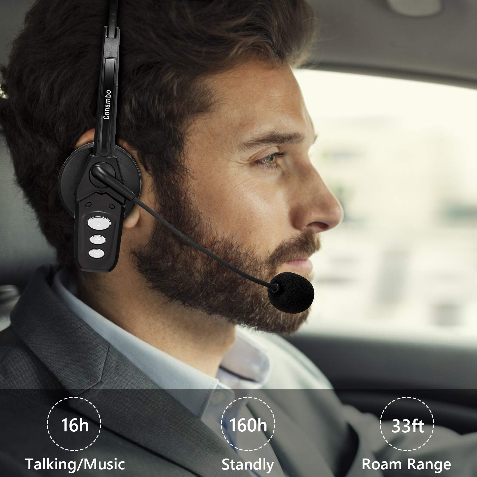 Conambo Trucker Bluetooth Headset, V5.0 Wireless Headset with Microphone, Hands Free Bluetooth Headphones with Noise Canceling Mic for Skype, Call Centers, Offices, Trucker (JBT800)