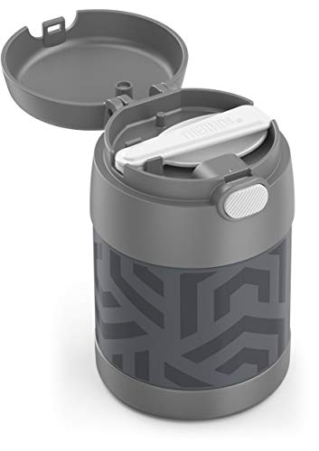 THERMOS FUNTAINER 10 Ounce Stainless Steel Vacuum Insulated Kids Food Jar with Folding Spoon, Grey And Aqua Waves