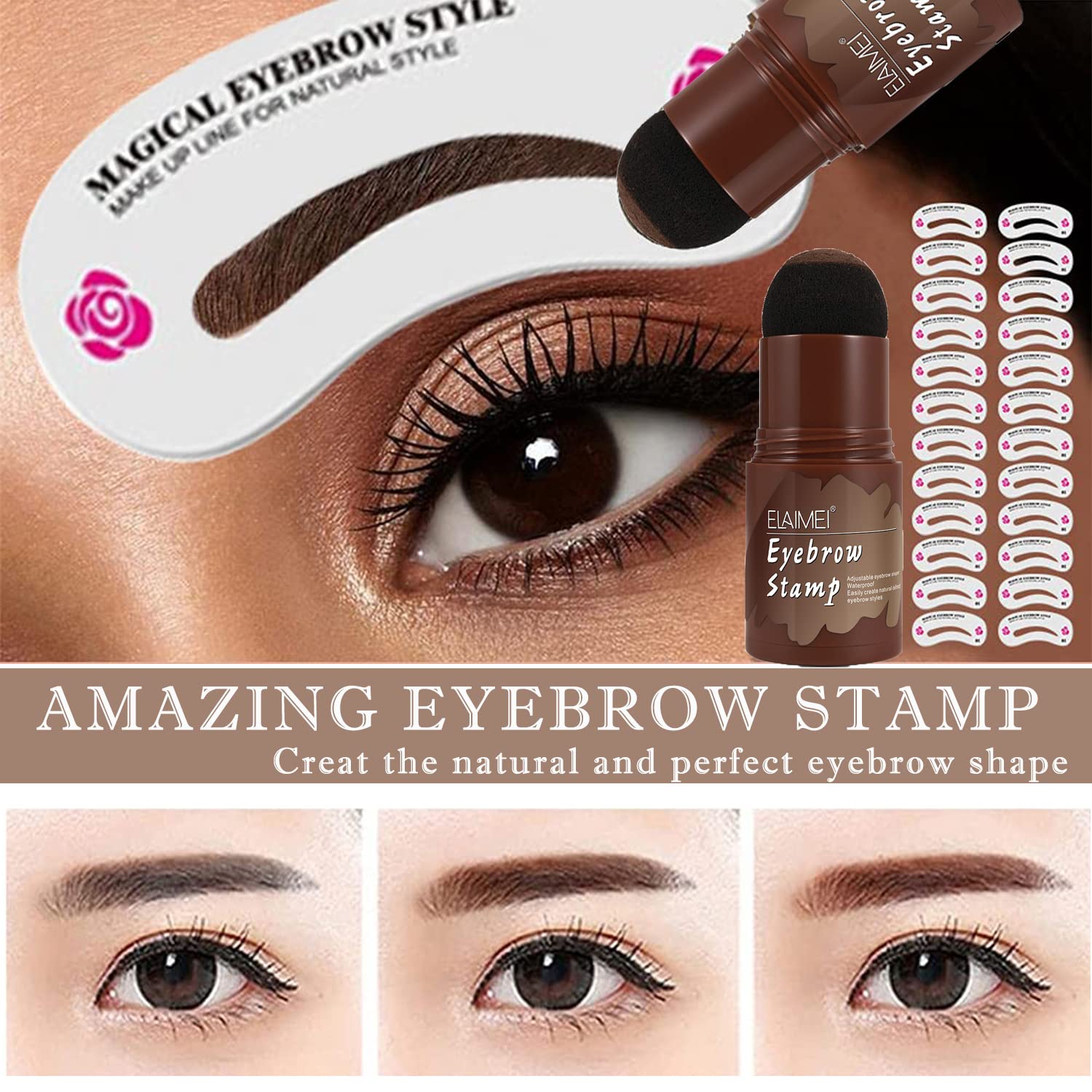 God Blomster Eyebrow Stamp Stencil Kit, Eyebrow Stamp Kit Waterproof, Eyebrow Stamp Makeup Tools with 24 Reusable Eyebrow Stencils, Eyebrow Pen Brush and Eyebrow Trimmer (Dark Brown)