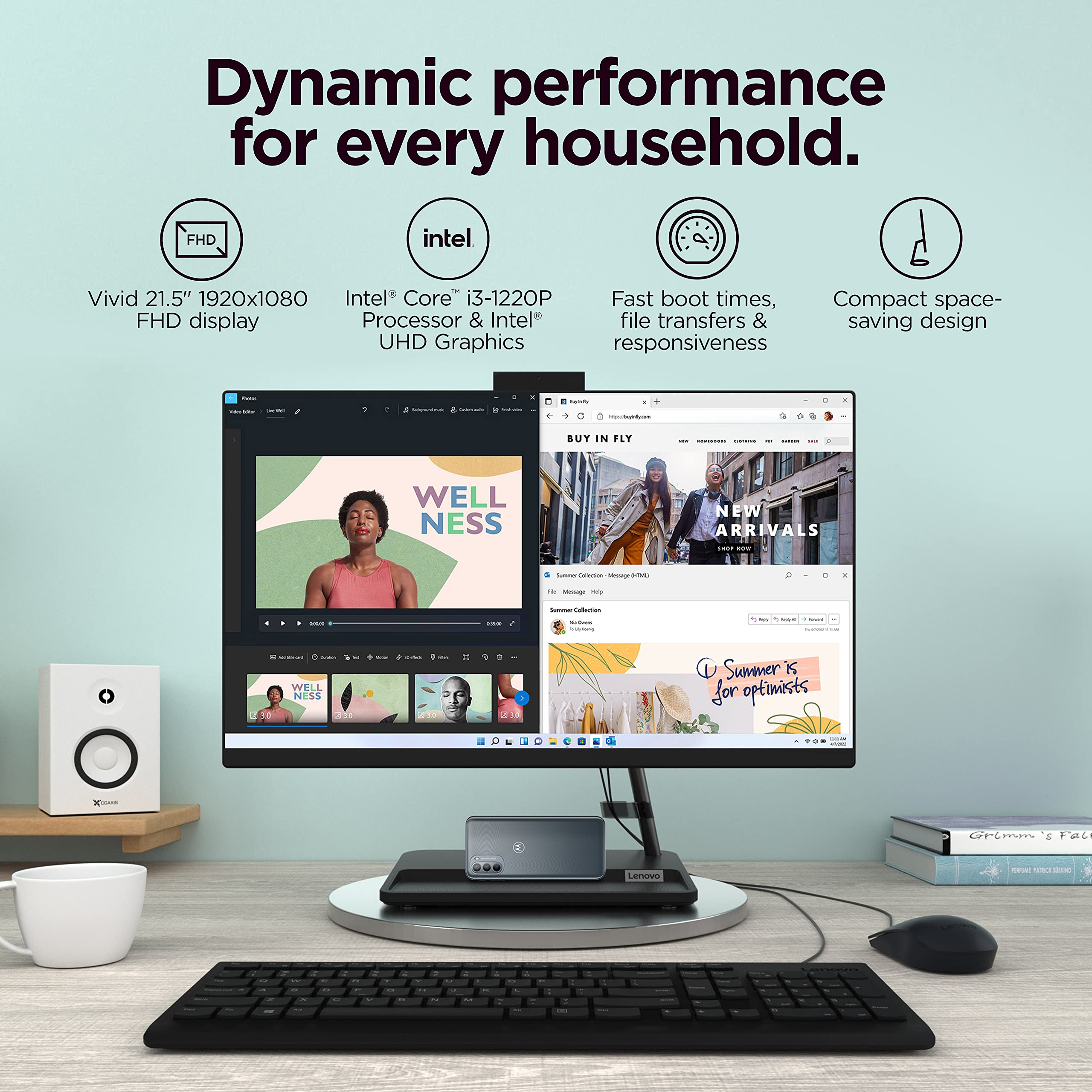 Lenovo IdeaCentre AIO 3i 22" All-in-One Computer, Intel Core i3-1115G4, FHD Touch Display, 8GB RAM, 256GB SSD, DVD RW Drive, Windows 11