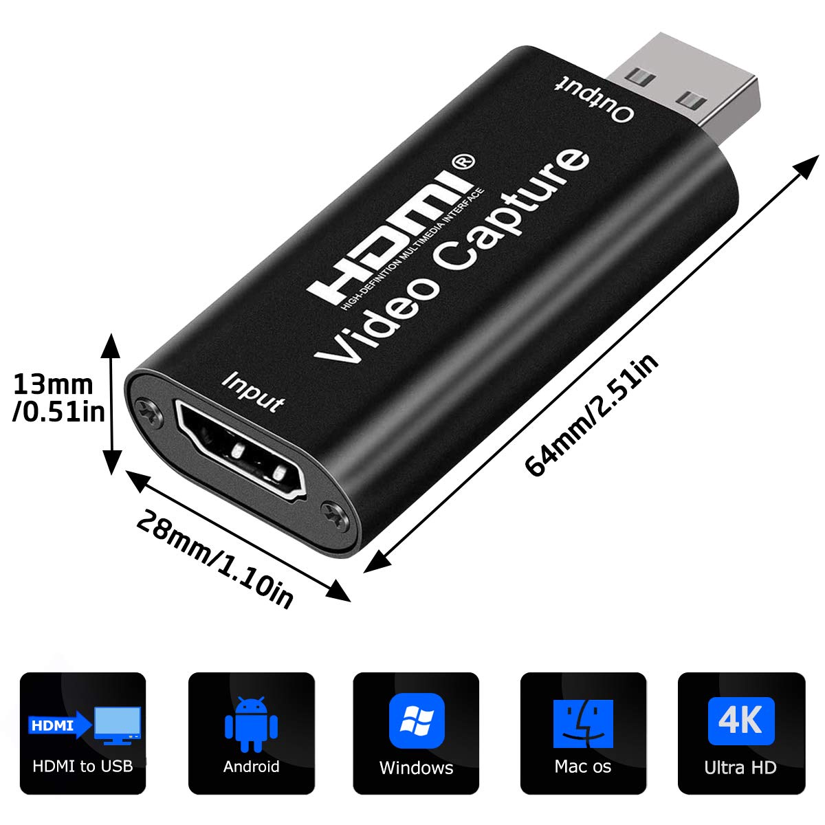 4K HDMI Video Capture Card, Cam Link Card Game Capture Card Audio Capture Adapter HDMI to USB 2.0 Record Capture Device for Streaming, Live Broadcasting, Video Conference, Teaching, Gaming(Black)
