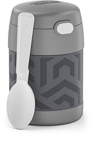 THERMOS FUNTAINER 10 Ounce Stainless Steel Vacuum Insulated Kids Food Jar with Folding Spoon, Grey And Aqua Waves