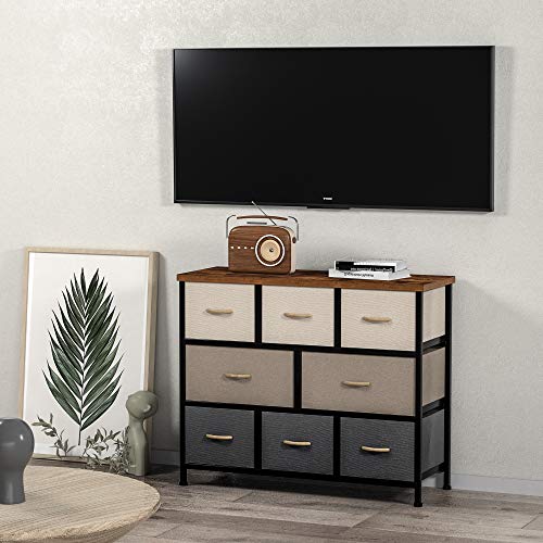 iVilla 8 Drawer Dresser Organizer Fabric Storage Chest for Bedroom, Hallway, Entryway, Closets, Nurseries,Furniture Storage Tower Sturdy Steel Frame, Wood Top, Removable Fabric Bins (Cream)