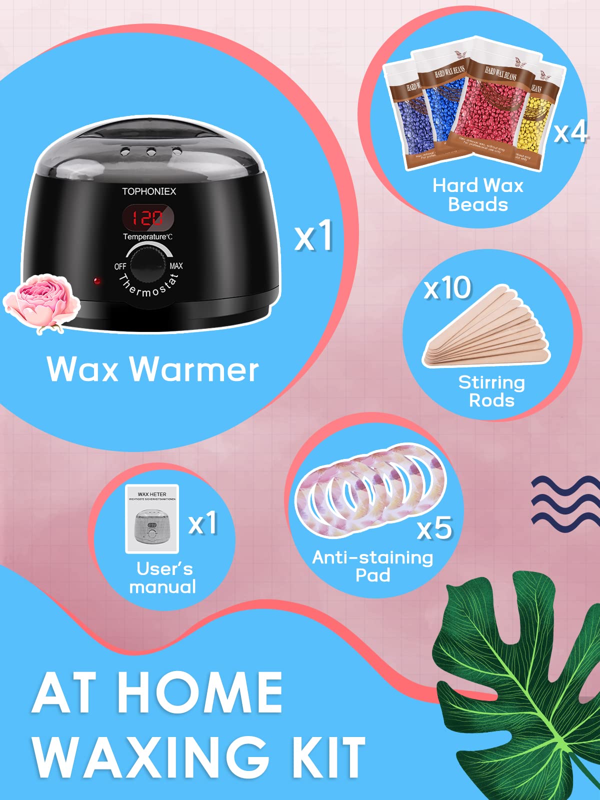 TOPHONIEX Waxing Kit, Wax Warmer for Hair Removal Wax Kit With Hard Wax Beans Wax Machine for All Hair Types, Eyebrows, Face, Legs, Nose, Bikini
