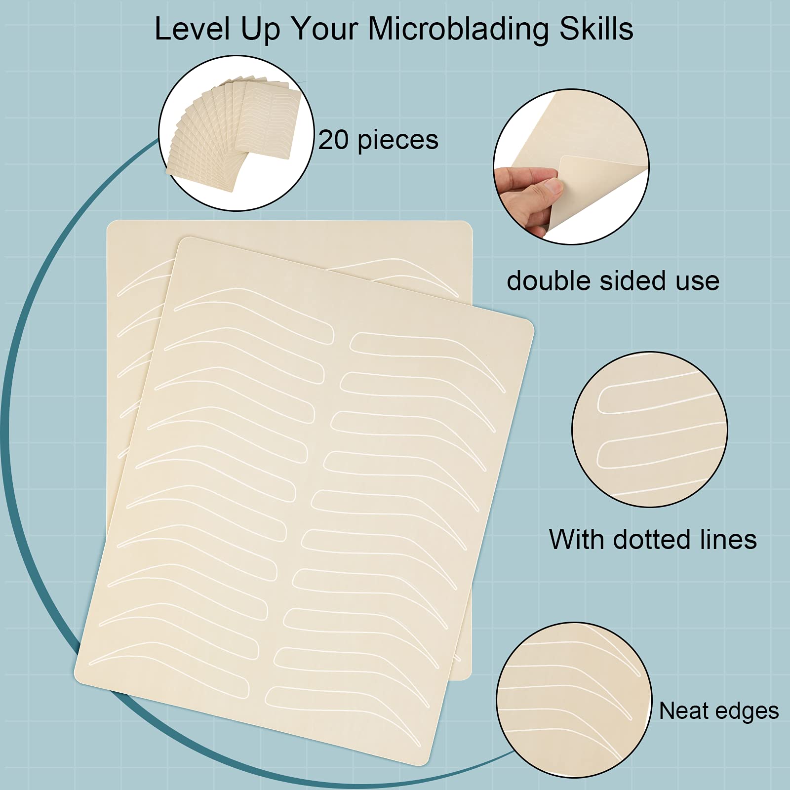 20 Pieces Microblading Supplies Double Sided Practice Skin for Eyebrows Tattoo Fake Skin Rubber Microblading Kit No Ink Makeup Silicone Skins to Practice Brow