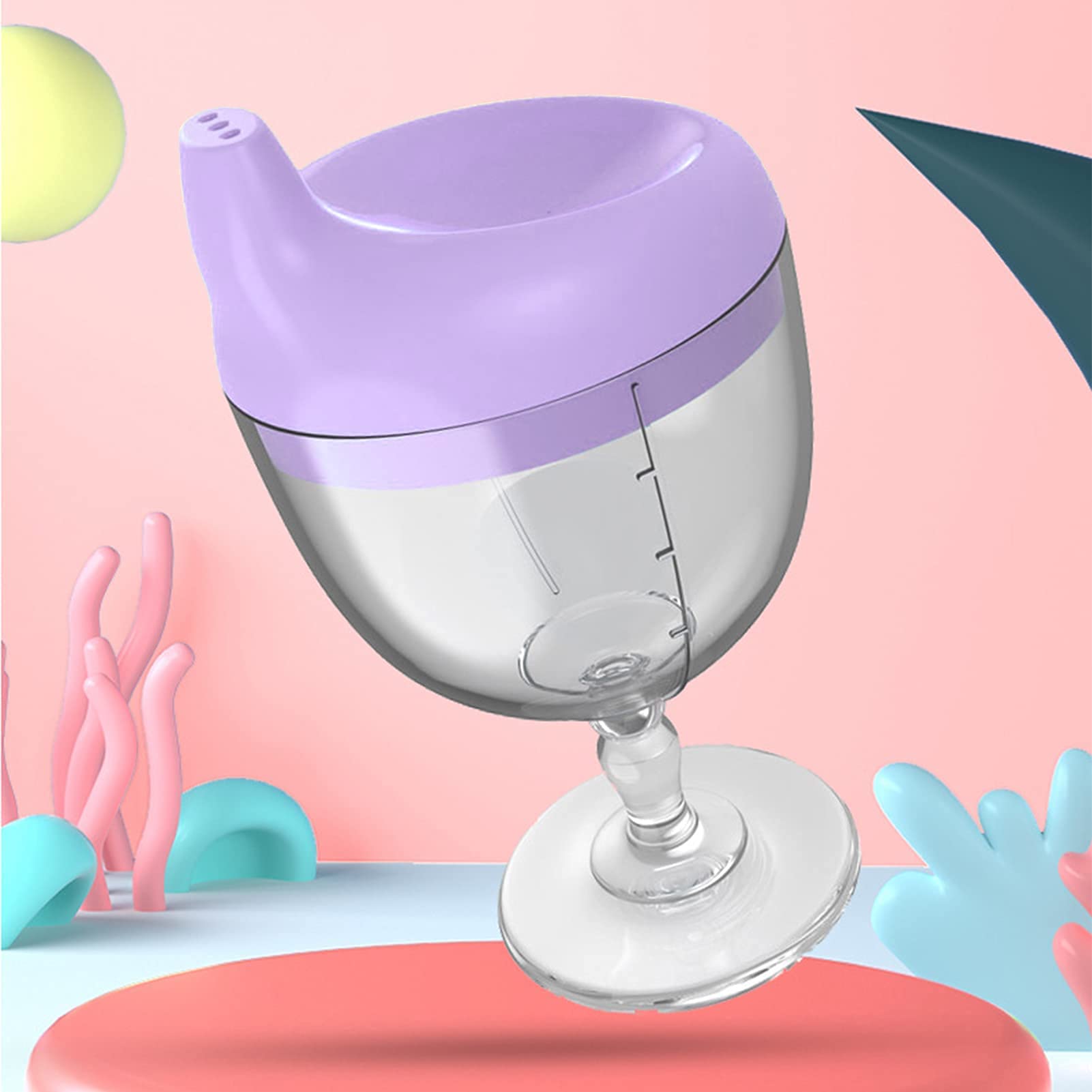 kaiwern Plastic Goblet Cup, Wine Sippy Cup Baby Party Cups Beverage Mug Milk Bottle with Lid, Baby Goblet Sippy Cup No Spill Plastic Wine Glass for Birthday Party Celebration (Purple)
