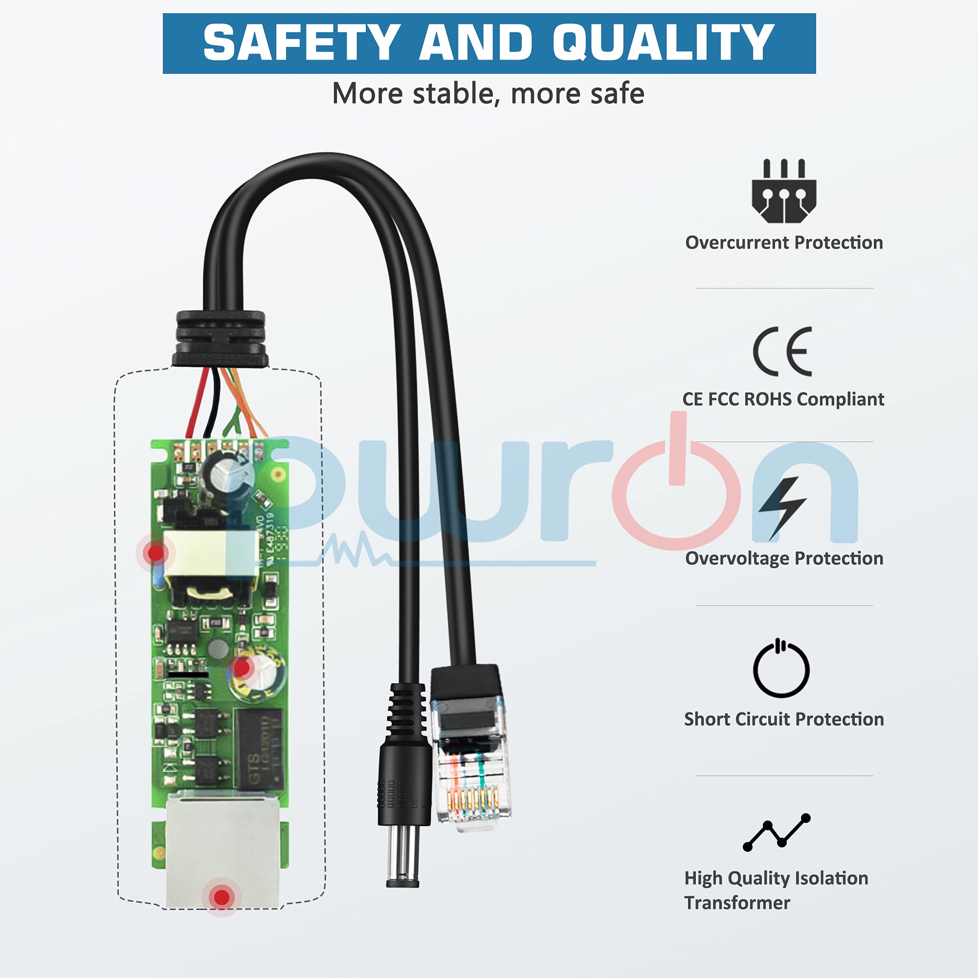 PwrON Active POE Splitter Adapter, 48V to 12V, IEEE 802.3af Compliant, 10/100Mbps up to 100 Meters for Surveillance Camera, Wireless Access Point and VoIP Phone