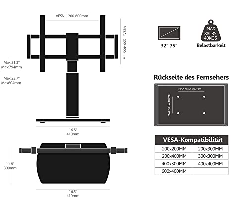 FITUEYES Universal TV Stand, Swivel TV Table Stand for 32-65 70 75 Inch Flat Screen, Table Top TV Stand Base Replacement, Height Adjustable TV Mount Stand with Glass Base, Max Holds 88lbs