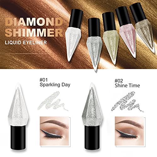 Erinde Liquid Glitter Eyeliner Colorful Set - 5 Colors Metallic Shimmer Silver White Gold Diamond Eye Liner, Long Lasting Glow Eyeliner Eye Shadow, Glittering Eyeliner Korean Makeup Make Eyes Sparkle
