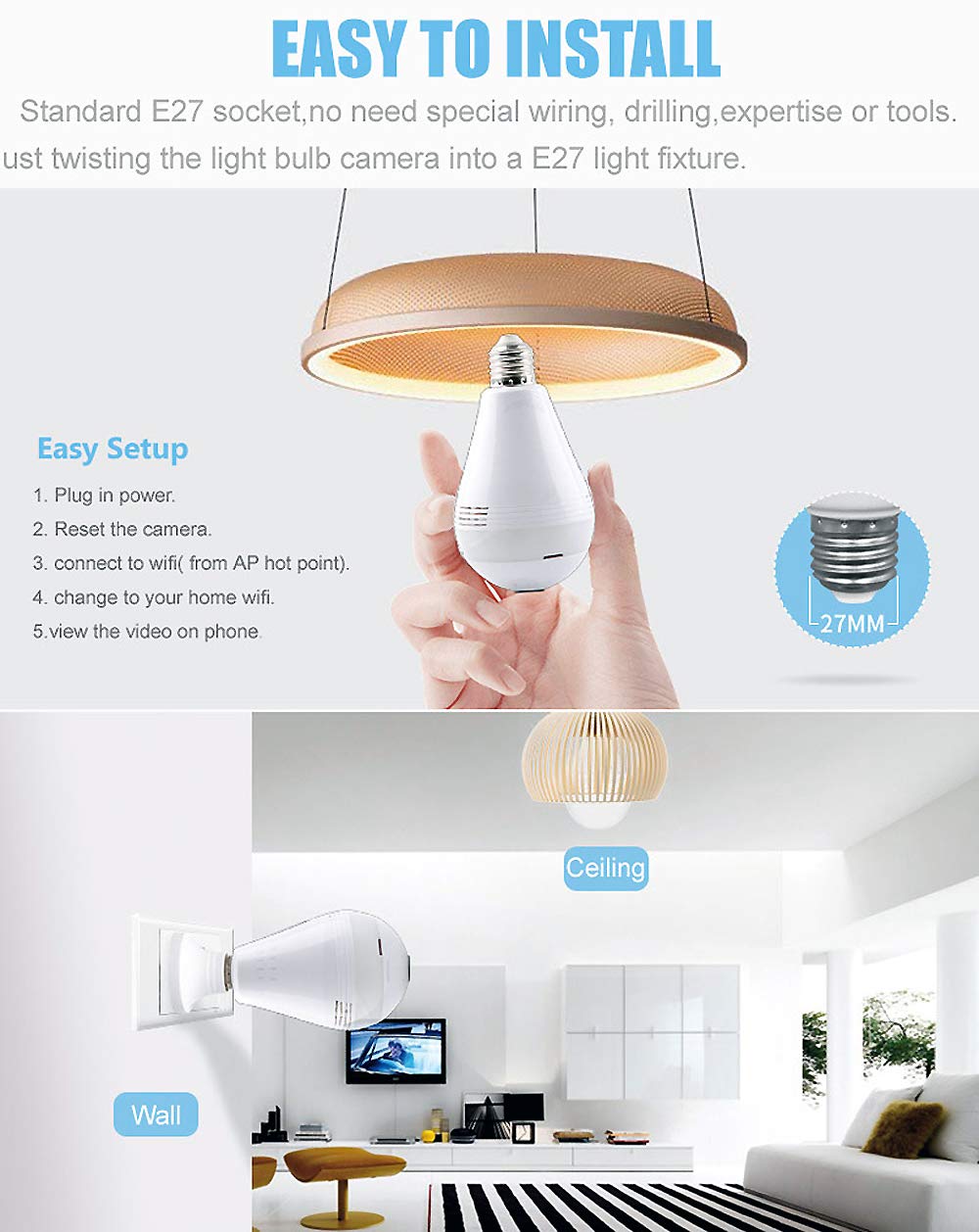Light Bulb Camera Indoor, COSULAN 2.4G WiFi Floodlight Security Camera, 360 Degree Panoramic Surveillance Camera Lamp with Fisheye/Motion Detection/Night Vision/Cloud & SD Card Storage/Alert Events/A7