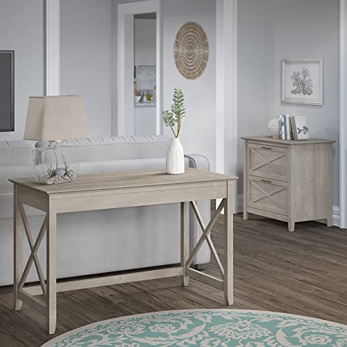 Bush Furniture Key West Writing Desk with 2 Drawer Lateral File Cabinet, 48W, Linen White Oak