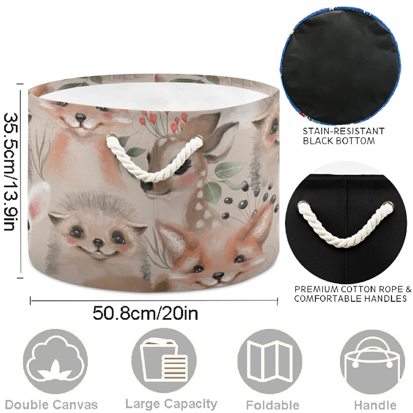 visesunny Deer Bunny Hedgehog Bear Fox Laundry Baskets Fabric Storage Bin Storage Box Collapsible Storage Basket Toy Clothes Shelves Basket for Bathroom,Bedroom,Nursery,Closet,Office