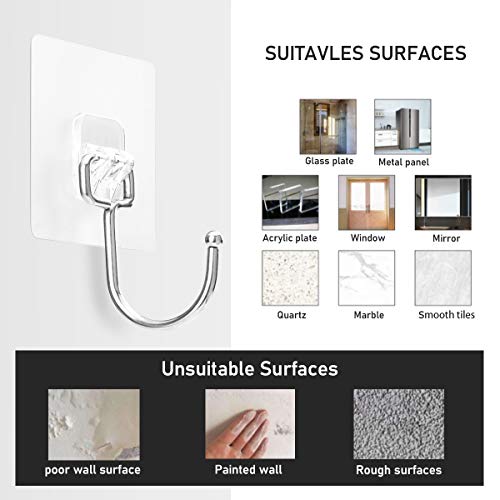 Large Adhesive Wall Hooks 22dl(max) Heavy Duty Wall Hooks for Hanging ,Waterproof and Rustproof,Bathroom Kitchen Transparent Reusable Self Adhesive Hooks,8Pack