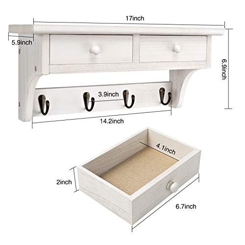 Emfogo Coat Hooks Wall Mounted, Rustic Wood Coat Rack Wall Mount Shelf with Hooks, Farmhouse Wall Coat Rack with Shelf & Vintage Coat Hook for Entryway, Mudroom, Bedroom, Kitchen, Bathroom (White)