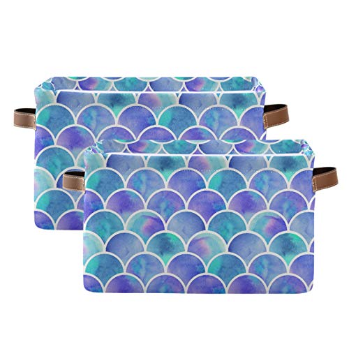 Mazeann Watercolor Rainbow Scales of Mermaid Storage Basket Bin Collapsible Foldable for Clothes Toys Storage Cabinets Waterproof Storage Box 15 x 11 x 9.5 inches, Teal Purple and White, 2PCS