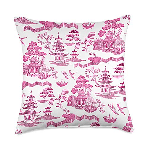 Chinoiserie Gifts by Southerngal Vintage Blue Willow Chinoiserie Pagoda Pattern Pink White Throw Pillow, 18x18, Multicolor