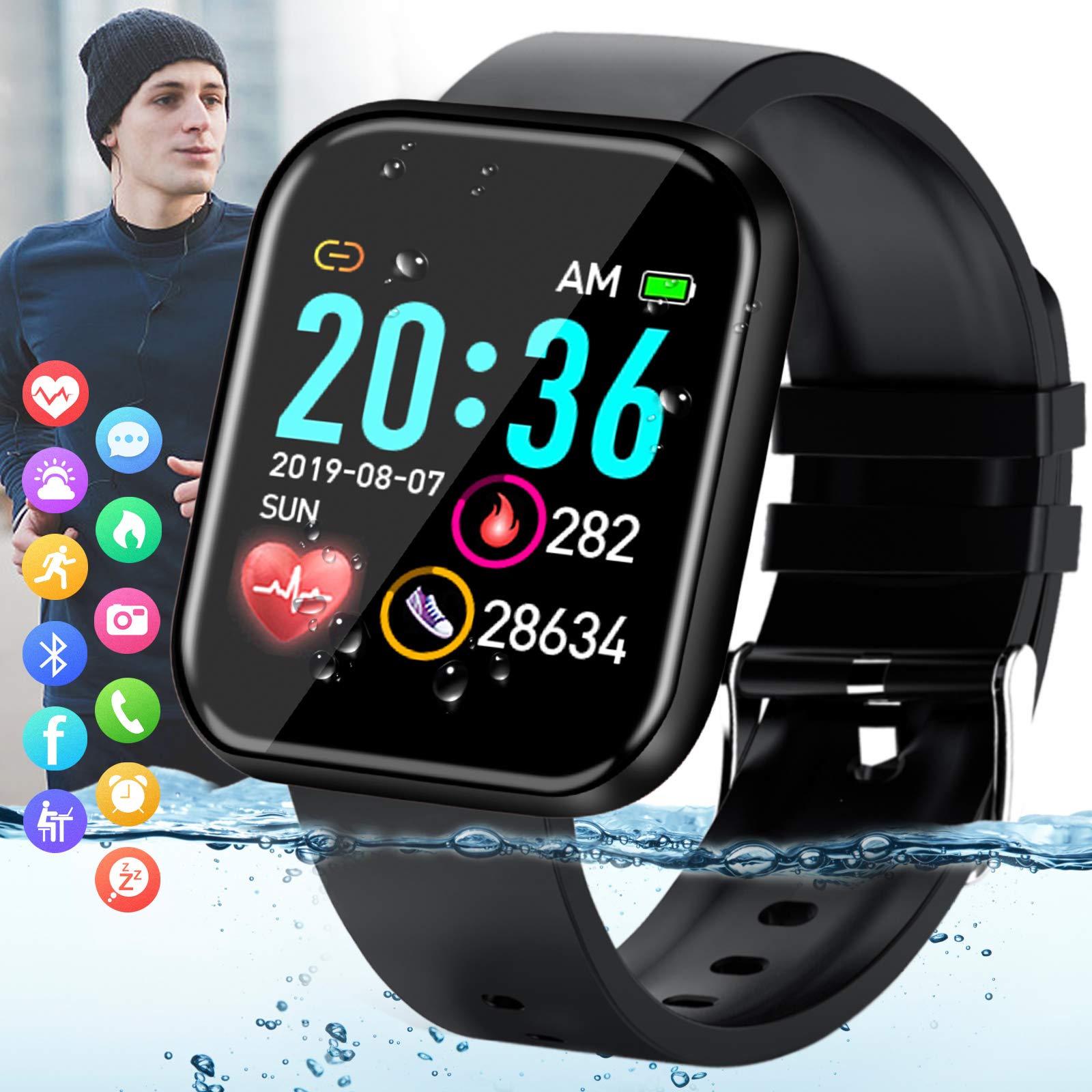 Amokeoo Smart Watch,Fitness Watch Activity Tracker with Heart Rate Blood Pressure Monitor IP67 Waterproof Bluetooth Android Smartwatch Touch Screen Sports for iOS Phones Men Women Black, GG45