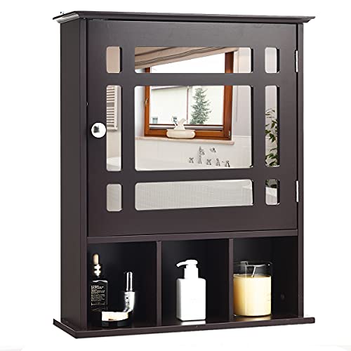 DORTALA Bathroom Wall Storage Cabinet, Mirror Cabinet Organizer, Wooden Hanging Medicine Cabinet Organizer w/Adjustable Shelf & 3 Open Compartments, Brown