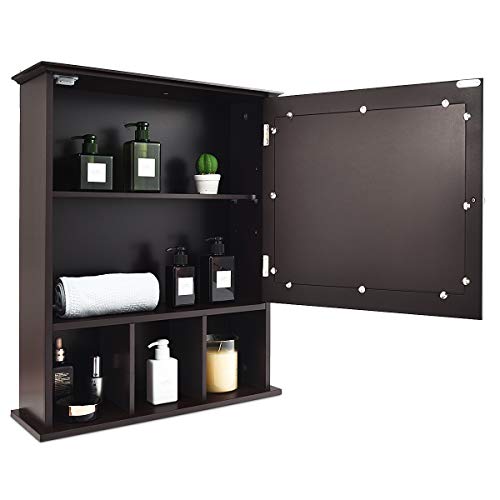 DORTALA Bathroom Wall Storage Cabinet, Mirror Cabinet Organizer, Wooden Hanging Medicine Cabinet Organizer w/Adjustable Shelf & 3 Open Compartments, Brown