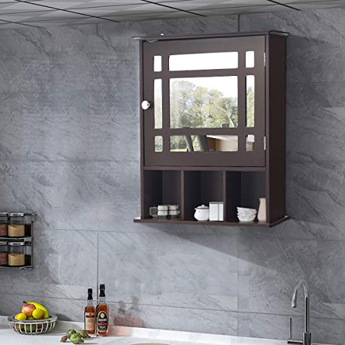DORTALA Bathroom Wall Storage Cabinet, Mirror Cabinet Organizer, Wooden Hanging Medicine Cabinet Organizer w/Adjustable Shelf & 3 Open Compartments, Brown