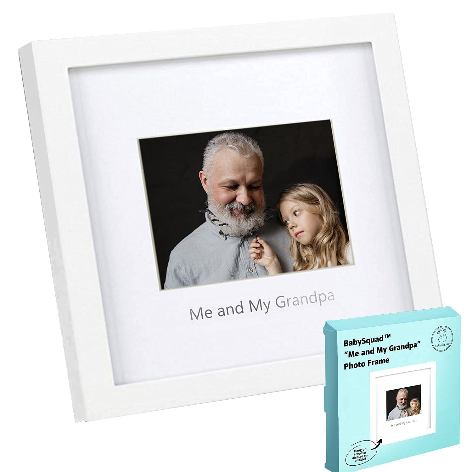 BabySquad Me and My Grandpa Photo Frame, 7 x 7 (INCHES), Sawtooth Hanger + Kickstand, Grandpa Gifts, Handcrafted White Wooden Photo Frame, Keepsake Gift