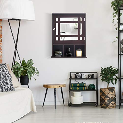DORTALA Bathroom Wall Storage Cabinet, Mirror Cabinet Organizer, Wooden Hanging Medicine Cabinet Organizer w/Adjustable Shelf & 3 Open Compartments, Brown