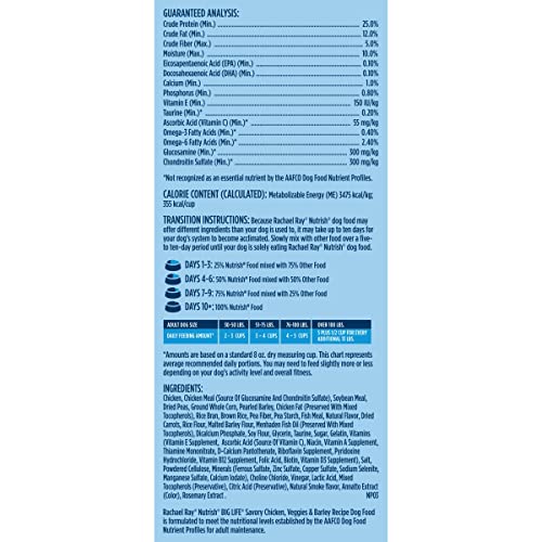 Rachael Ray Nutrish Big Life Dry Dog Food, Savory Chicken, Barley & Veggies, 40 Pounds
