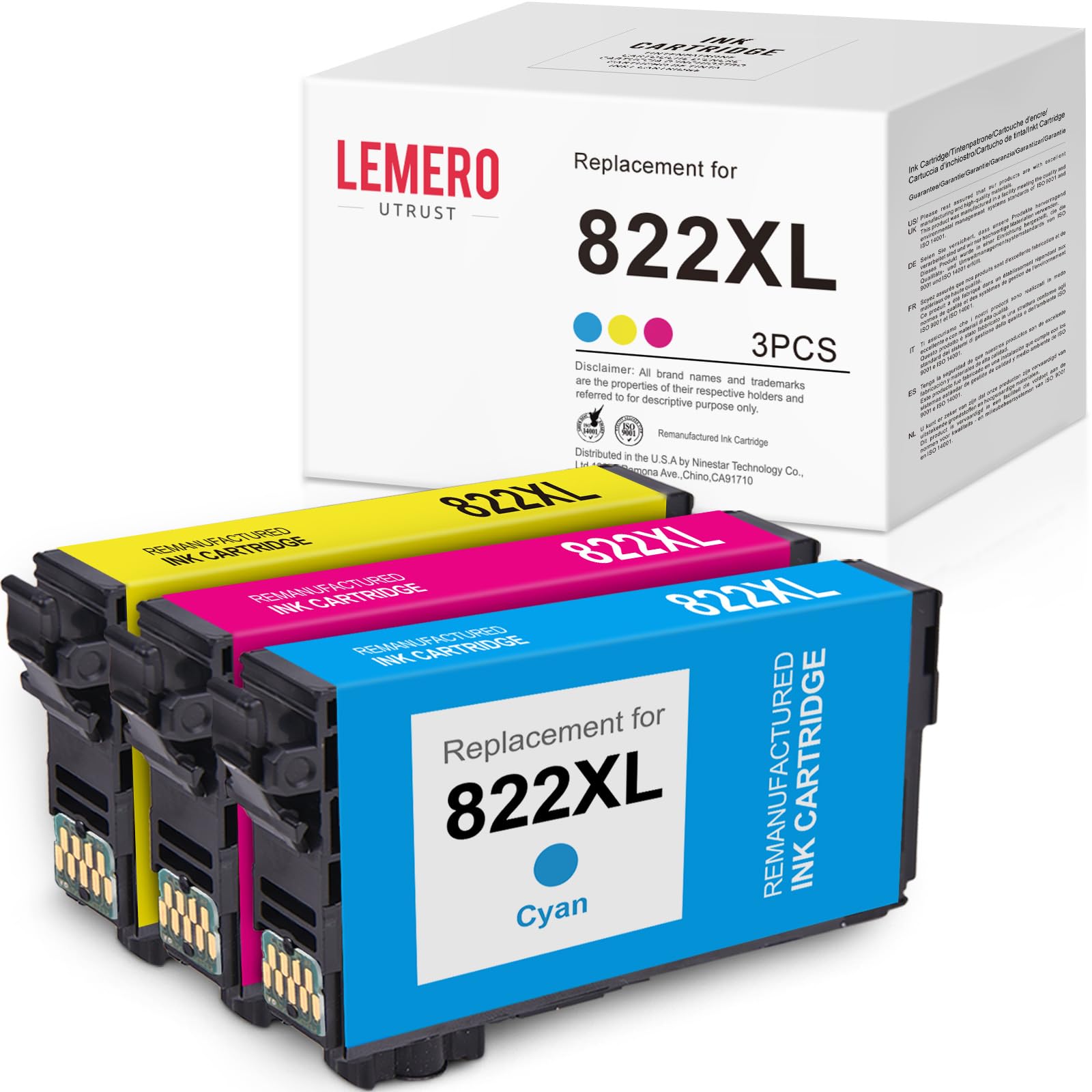 LEMERO UTRUST Remanufactured Ink Cartridge Replacement for Epson 822XL 822 T822 T822XL use with Epson Workforce Pro WF-3820 WF-4820 WF-4830 WF-4834 WF-4833 (1 Cyan, 1 Magenta, 1 Yellow, 3-Pack)